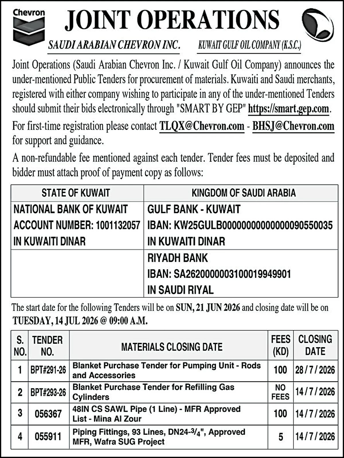 Saudi Arabia Chevron / Kuwait Gulf Oil Tender for Procurement of ...