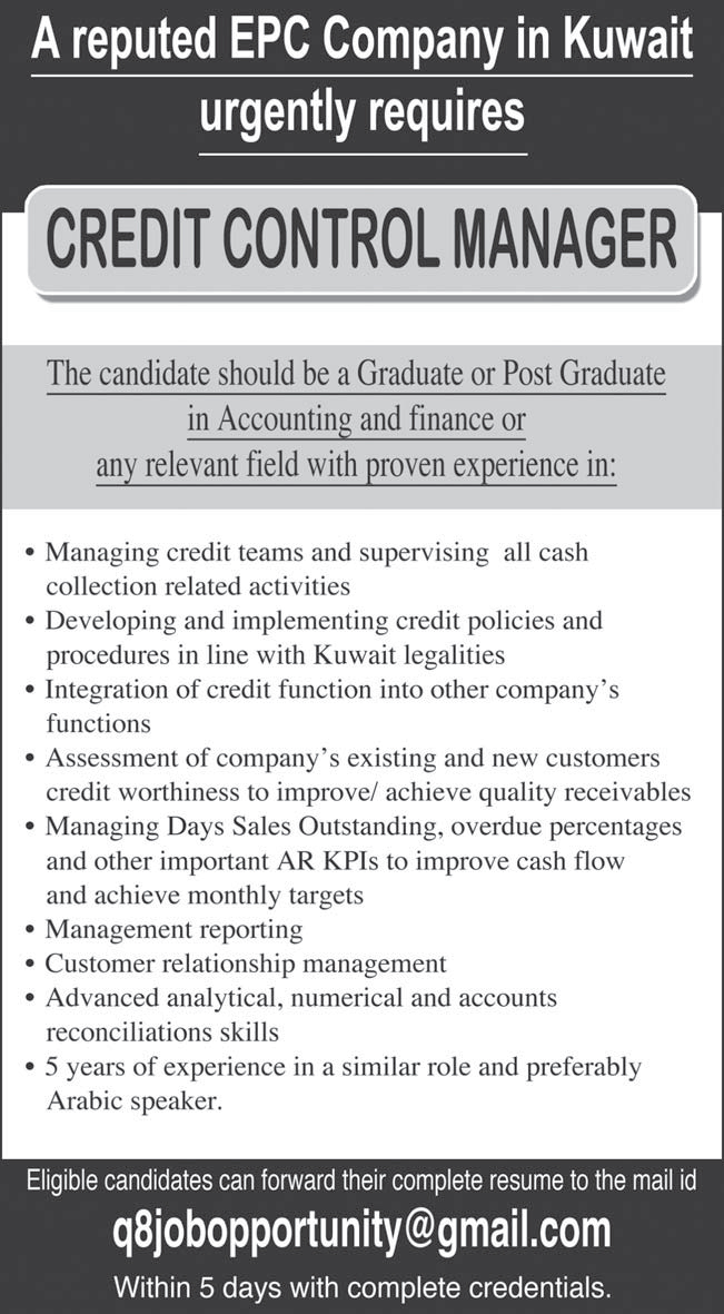 Urgently require Credit Control Manager | arabtimes