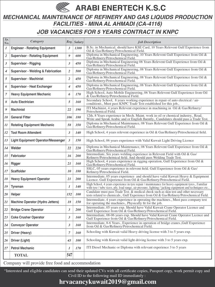 Arabi Enertech: Job Vacancies - 5 yrs contract in KNPC | arabtimes