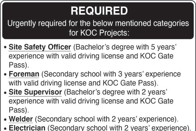 Urgently Required for Kuwait Oil Company Projects | arabtimes